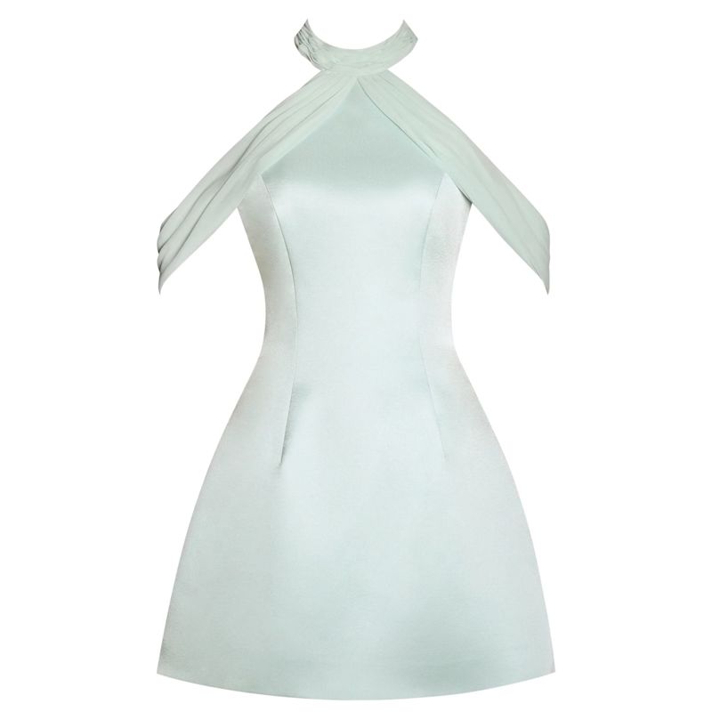 Zafrina Light Cyan Halter Off-Shoulder Backless Mini Dress | Miss ...