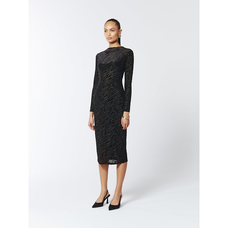Zebra Pattern Velvet & Mesh Midi Dress In Black | SOUR FIGS | Wolf & Badger