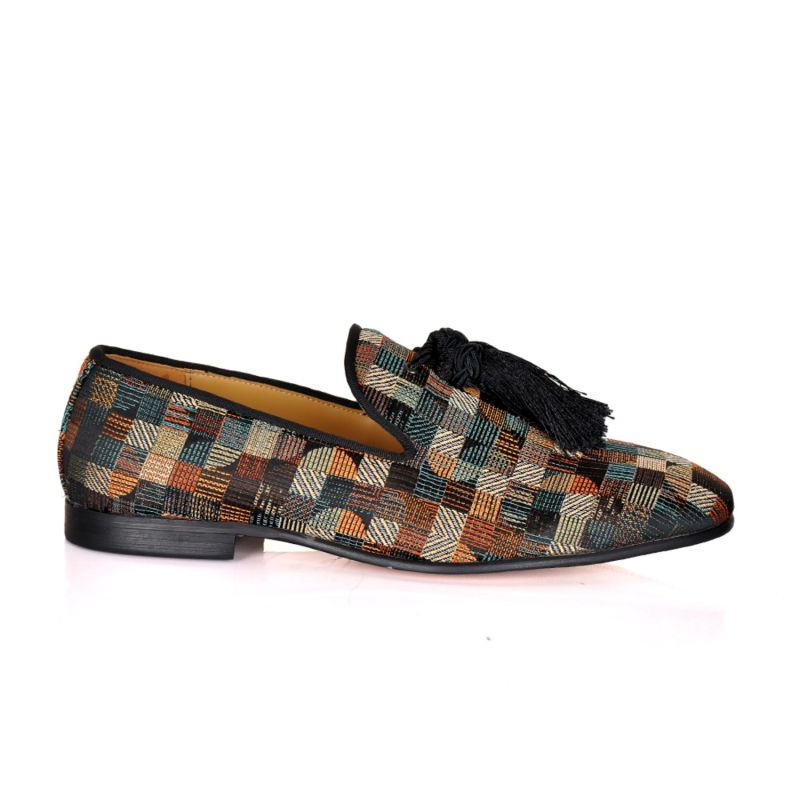 Alberto Square Embroidery Tassel Loafers - Brown Khaki | DAVID WEJ ...