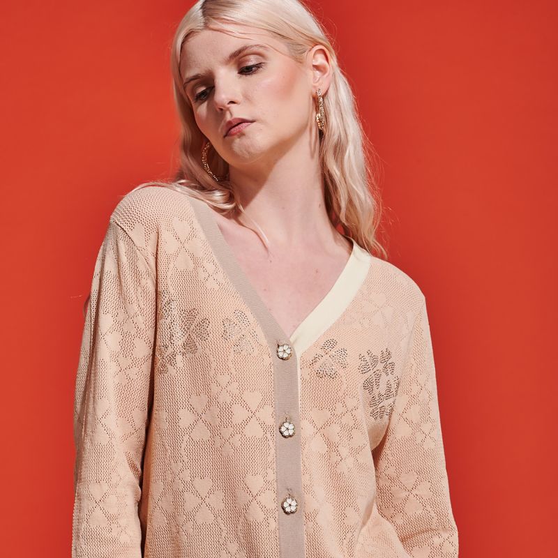 Apricot Pointelle Floral Stud Cardigan | Roch Perel | Wolf & Badger