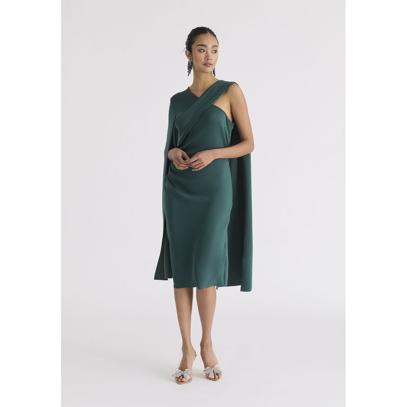 Asymmetric Draped Cape Sleeve Dress In Green | PAISIE | Wolf & Badger