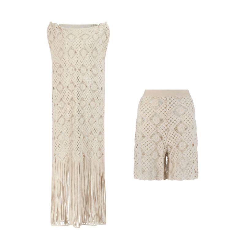 Beige Crochet Fringe Set | Emanmoon | Wolf & Badger