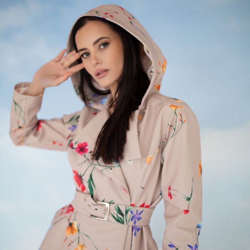 Beige Waterproof Trench Coat With Colorful Flower Print: Spring Bloom ...