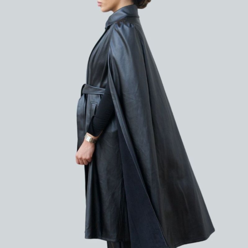 Bianca Vegan Leather Long Belted Cape - Black | Nina Nieves | Wolf & Badger