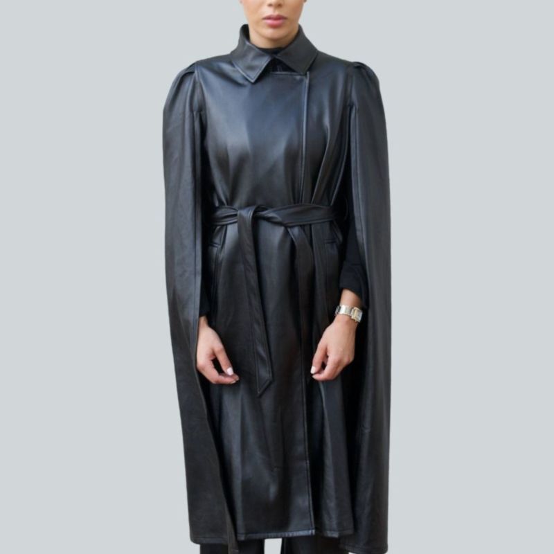 Bianca Vegan Leather Long Belted Cape - Black | Nina Nieves | Wolf & Badger