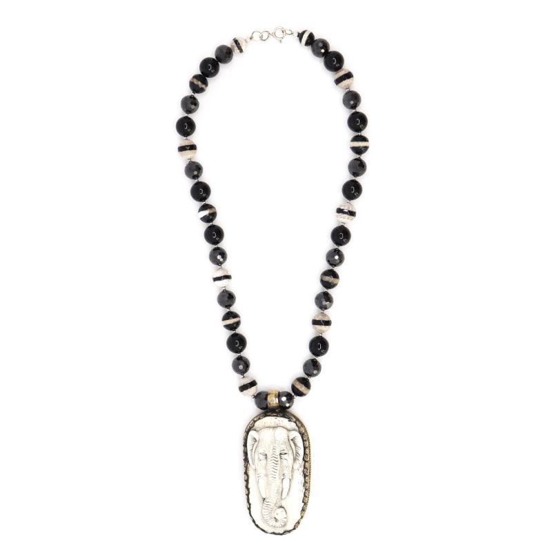 Black Cubic Zirconia, Onyx & Elephant Bone Pendant Beaded Necklace ...
