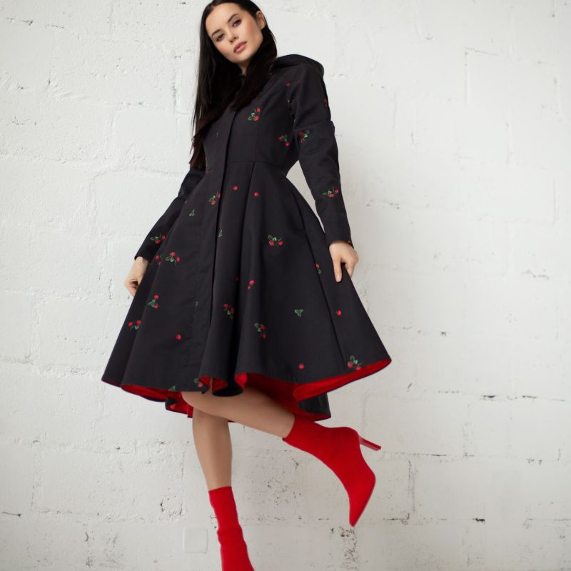 Black Waterproof Coat With Strawberry Print: Wild Strawberry ...