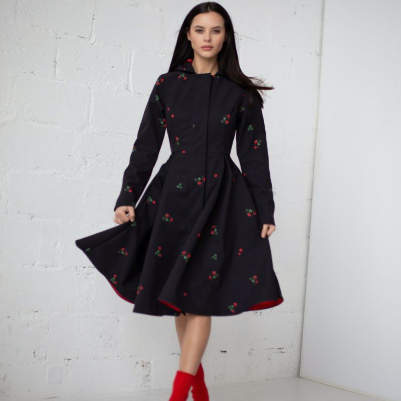 Black Waterproof Coat With Strawberry Print: Wild Strawberry ...