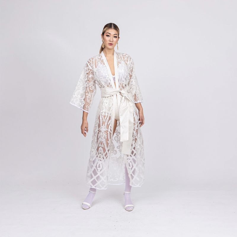 Brigitta - Ethereal Ivory French Embroidered Sequinned Lace Robe With ...