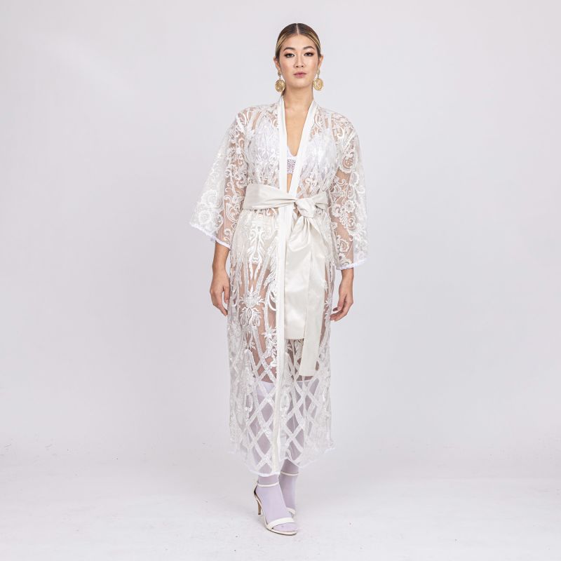 Brigitta - Ethereal Ivory French Embroidered Sequinned Lace Robe With ...