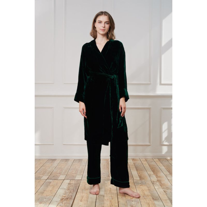 Velvet Piped Long Robe With Belt - Forest | The Annam House | Wolf & Badger