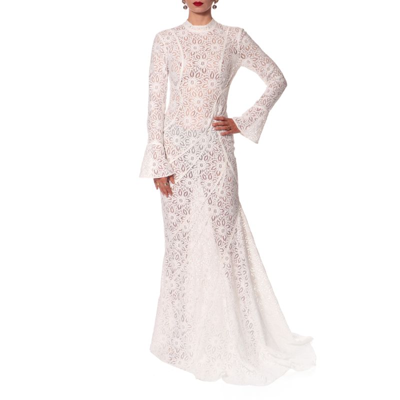 Cameron Off White Lace Maxi Dress With A Fishtail Train | AGGI by ...