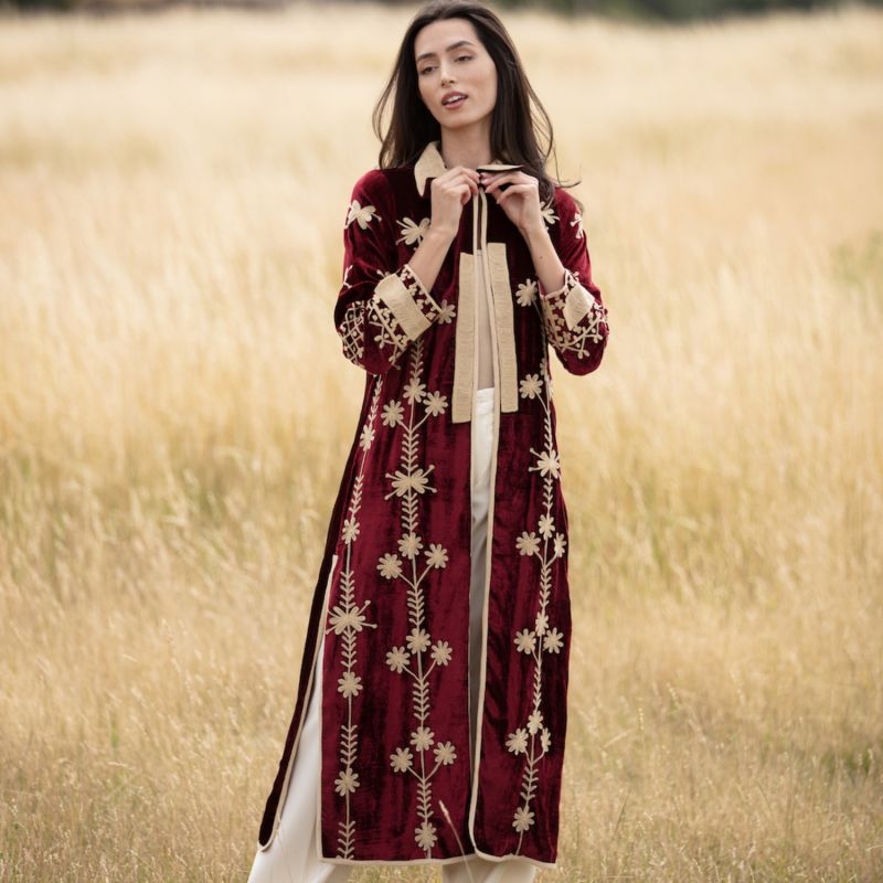 Suki Claret Silk Velvet Coat | Antra Designs | Wolf & Badger