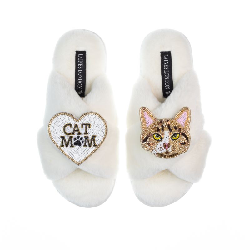 Classic Laines Slippers With Cat Mum / Mom & Tabby Cat Brooches - Cream ...