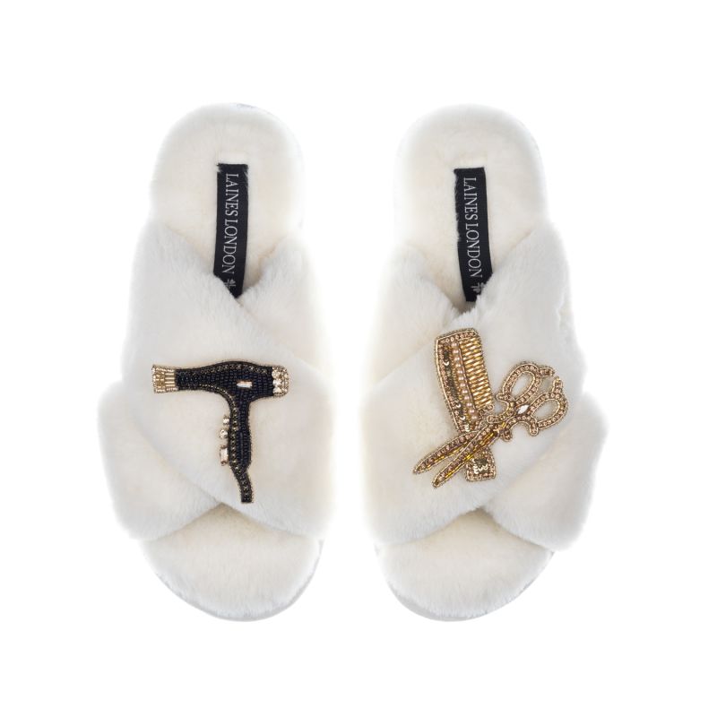 Classic Laines Slippers With Hairdresser Brooches - Cream | LAINES ...