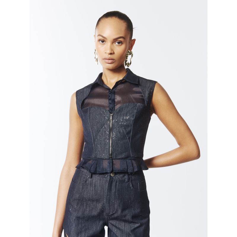 Composite Sparkly Denim Bustier Blouse In Profound Blue | SOUR FIGS ...