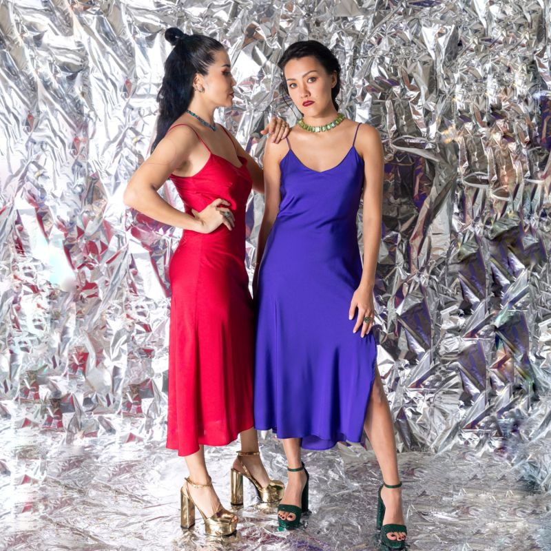 Coral Satin Cami-Slip V-Neck Midi Dress | Janara Jones | Wolf & Badger