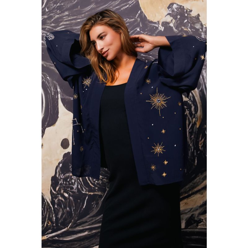 Cosmos Embroidered Navy, Ivory & Gold Fully Lined Short Kimono ...