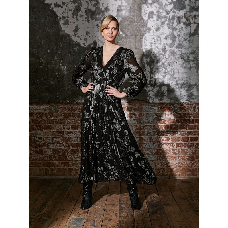 Dahlia Black Silver Midi Dress | Rose & Nancy | Wolf & Badger