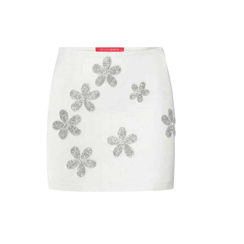 Darya Ecru White Satin Mini Skirt With Silver Embroidery | Fickle ...