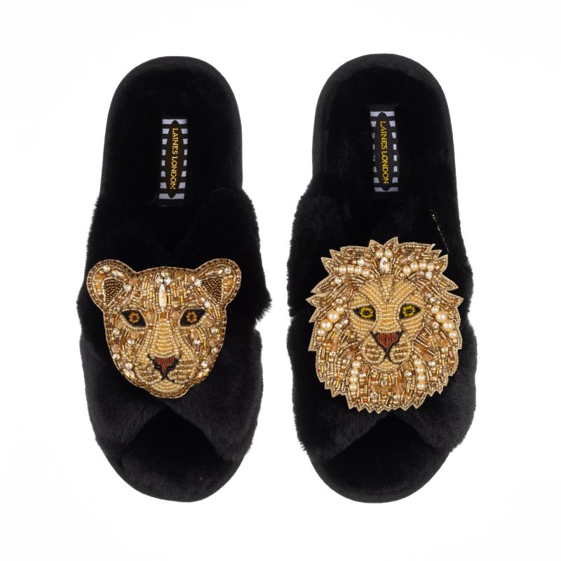 Classic Laines Slippers With Artisan Golden Lion & Lioness Brooches ...