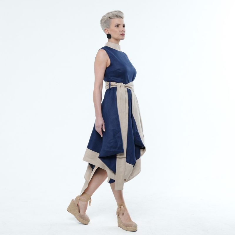 Elegant Linen Dress In Blue And Beige | Metamorphoza | Wolf & Badger