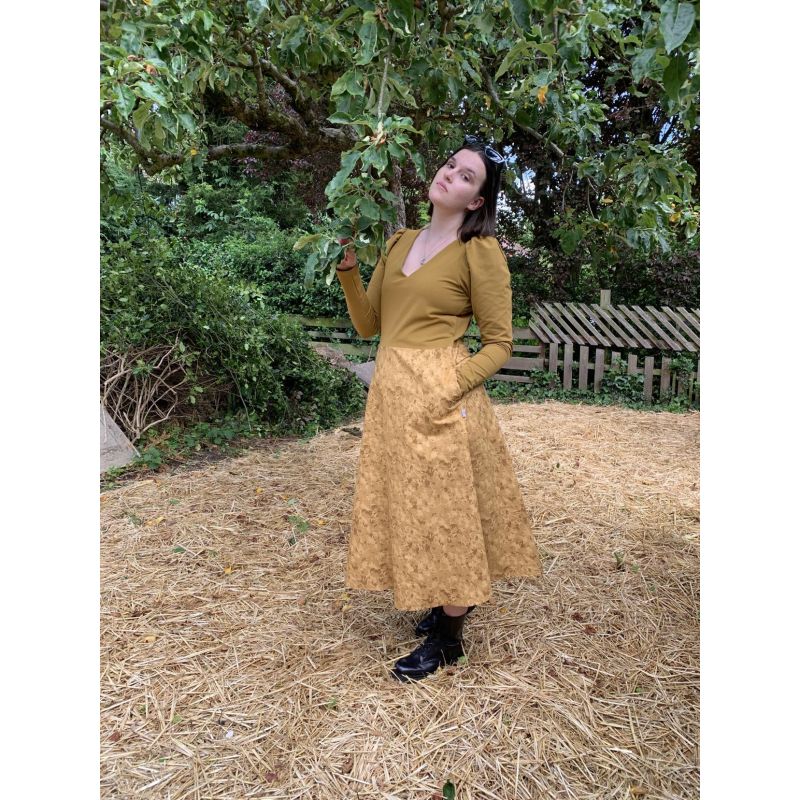 Frolic Midi Dress In Ochre Waves With Pockets | Frock Tales | Wolf & Badger