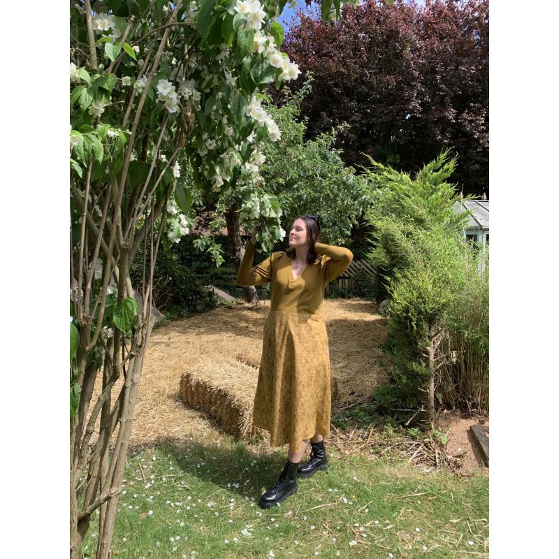 Frolic Midi Dress In Ochre Waves With Pockets | Frock Tales | Wolf & Badger