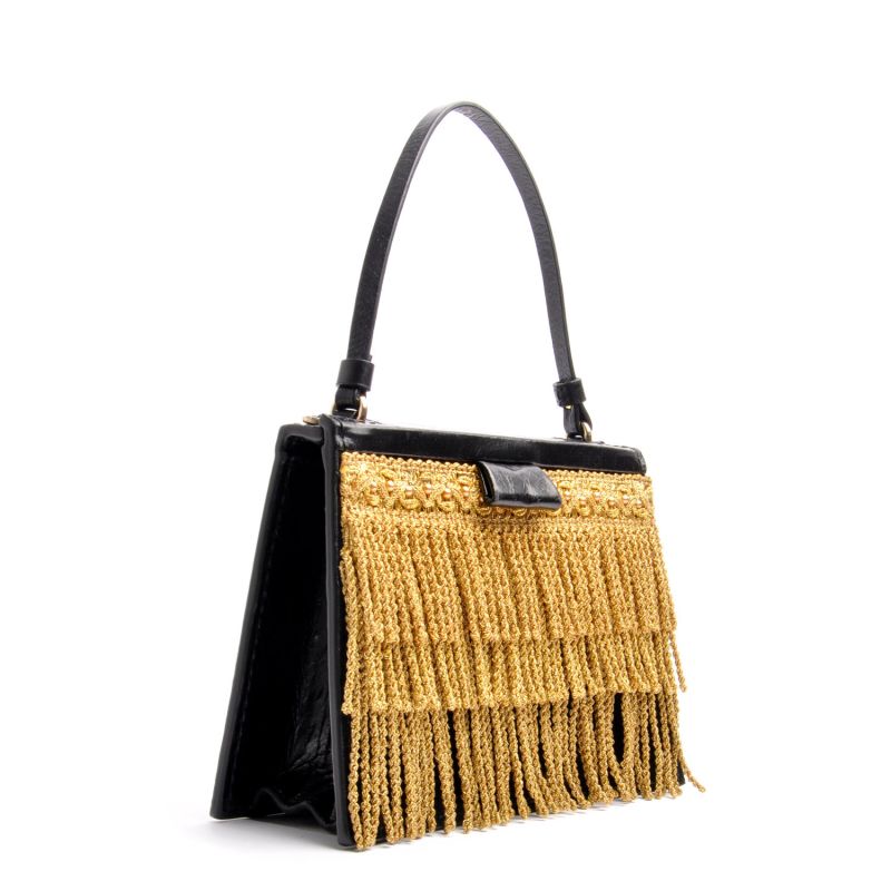 Small Turtle Edge Tote In Black With Gold Fringe | OSTWALD Finest ...