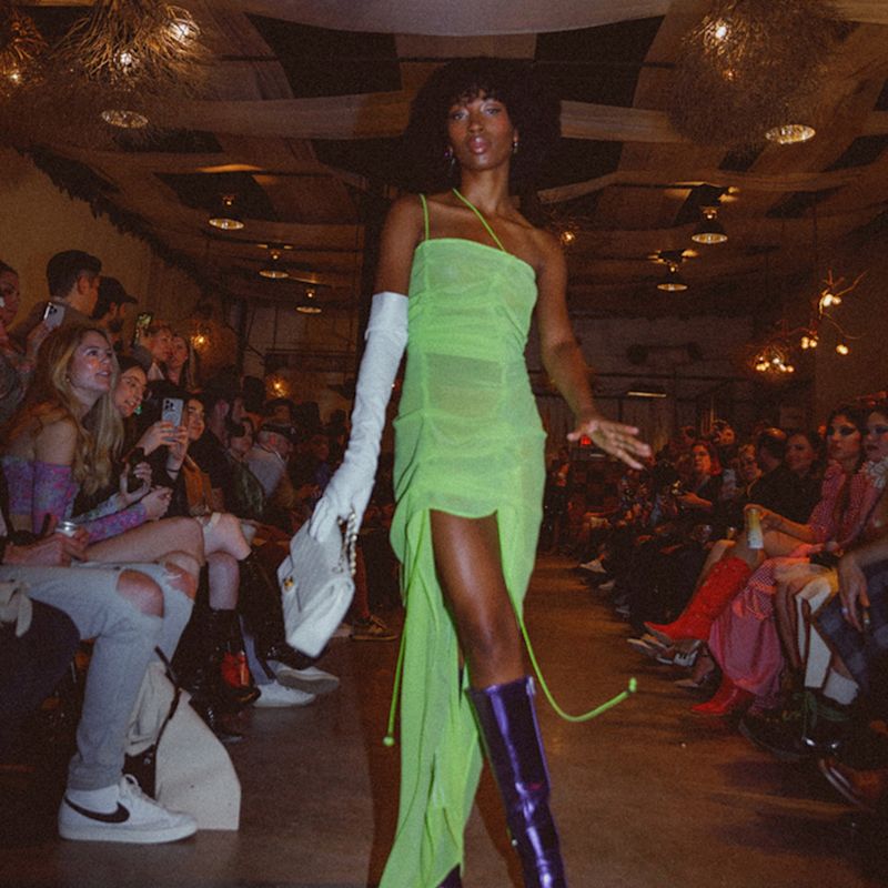 Green Sheer Silk Ruched Bungee Dress | Formula S7 | Wolf & Badger