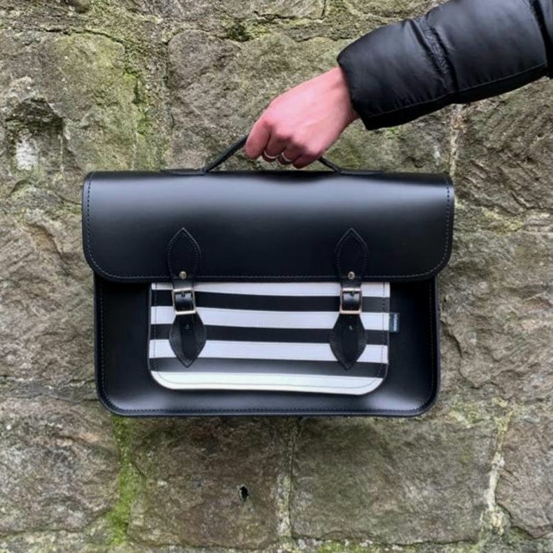 Handmade Leather Satchel - Gothic Striped White & Black Large ...