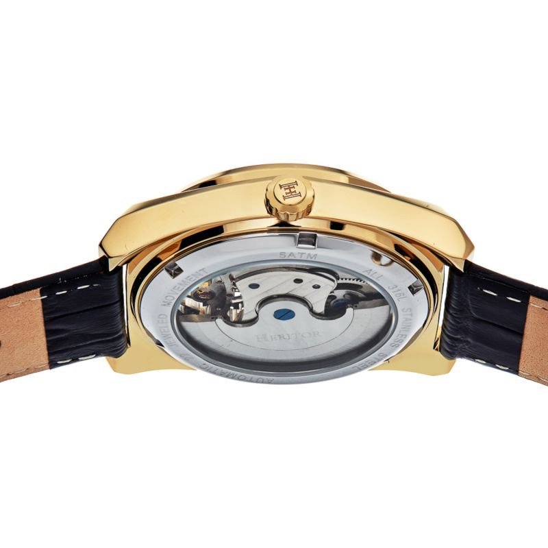 Daxton Leather-Band Skeleton Watch with Moon Phase - Black, Gold ...