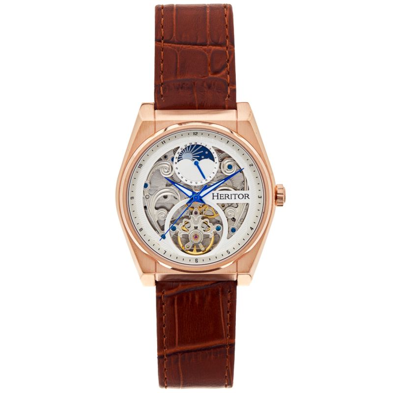 Daxton Leather-Band Skeleton Watch with Moon Phase - Brown, Rose Gold ...
