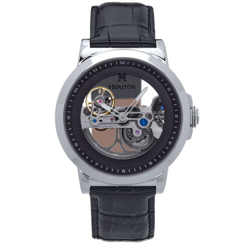Xander Leather-Band Skeleton Watch - Black, Silver | Heritor Automatic ...