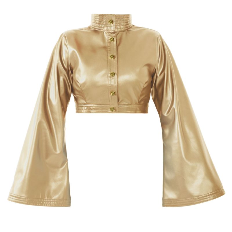 Gold Leather Cropped Jacket – High Neck, Vegan Faux | Kargede | Wolf ...