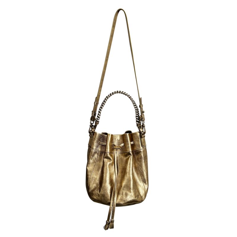 Joce Metallic Gold Leather Drawstring Bucket Bag | bixi awotan | Wolf ...