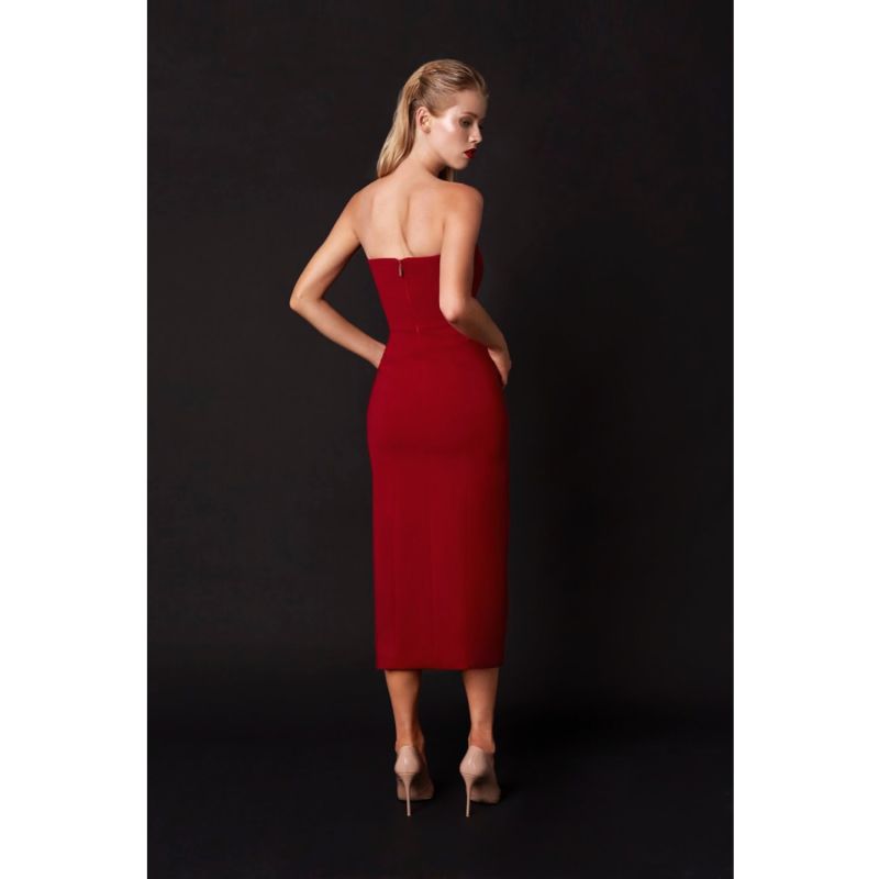 Mora Red Wine Strapless Front Slit Corset Midi Dress | Nomi Fame | Wolf ...