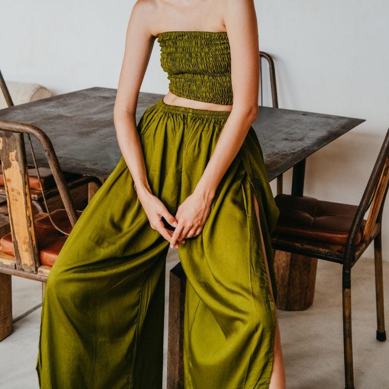 Judith Side Split Pants With Matching Tube Top Set In Olive | Pink ...