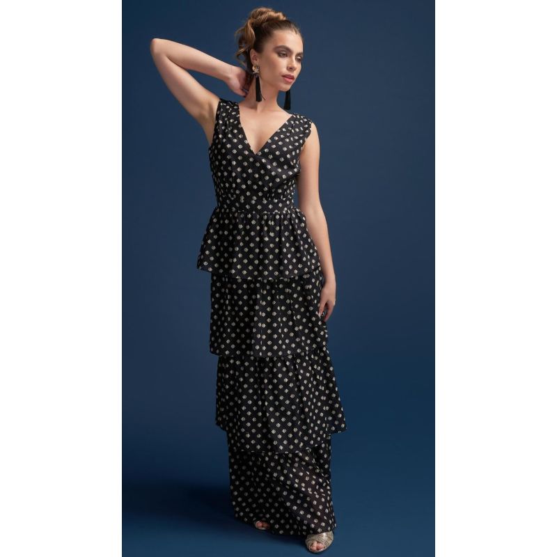 Kate Kissing Multi Tier Maxi Dress In Black With Stamp Print | Deer You ...
