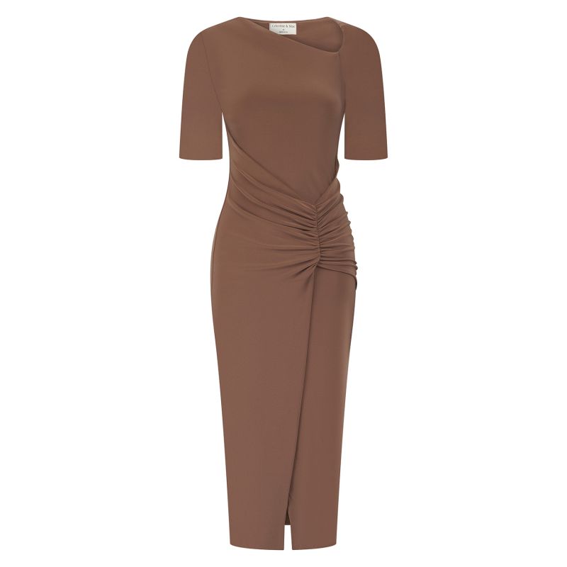 Latica Midi Dress In Woodsmoke Tan | Celestine & Mae | Wolf & Badger