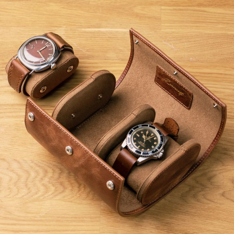 Leather Travel Watch Case - Tobacco - Double Watch Roll | Roarcraft ...