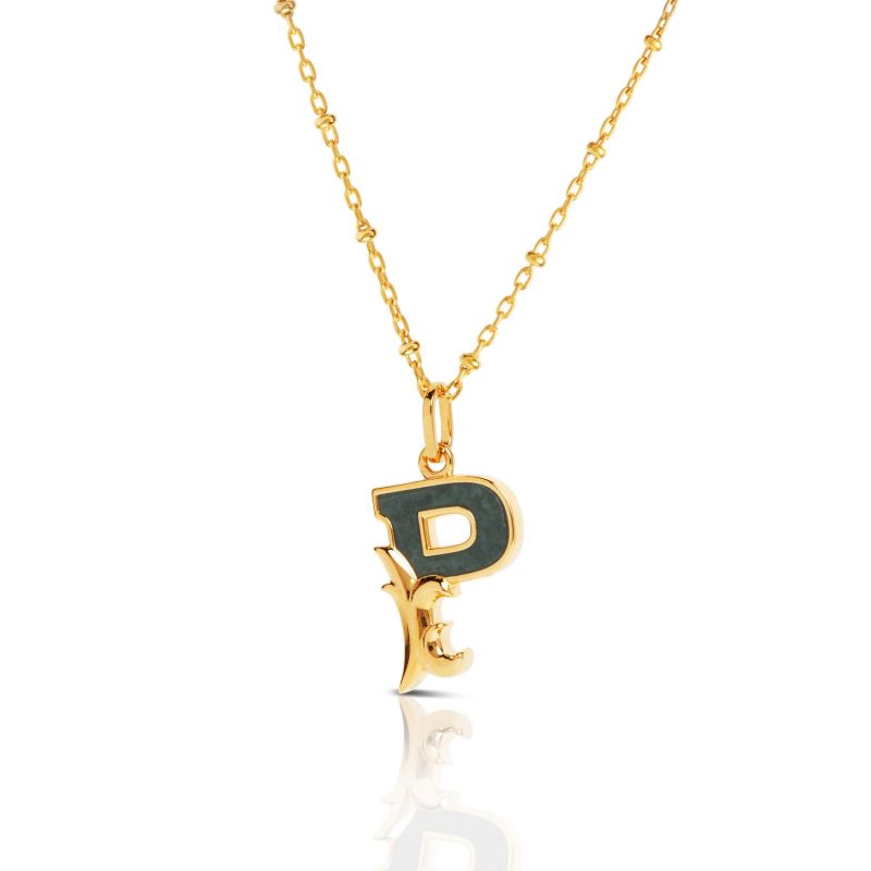 Gold Plated P Initial Necklace With Green Marble | Kasun | Wolf & Badger