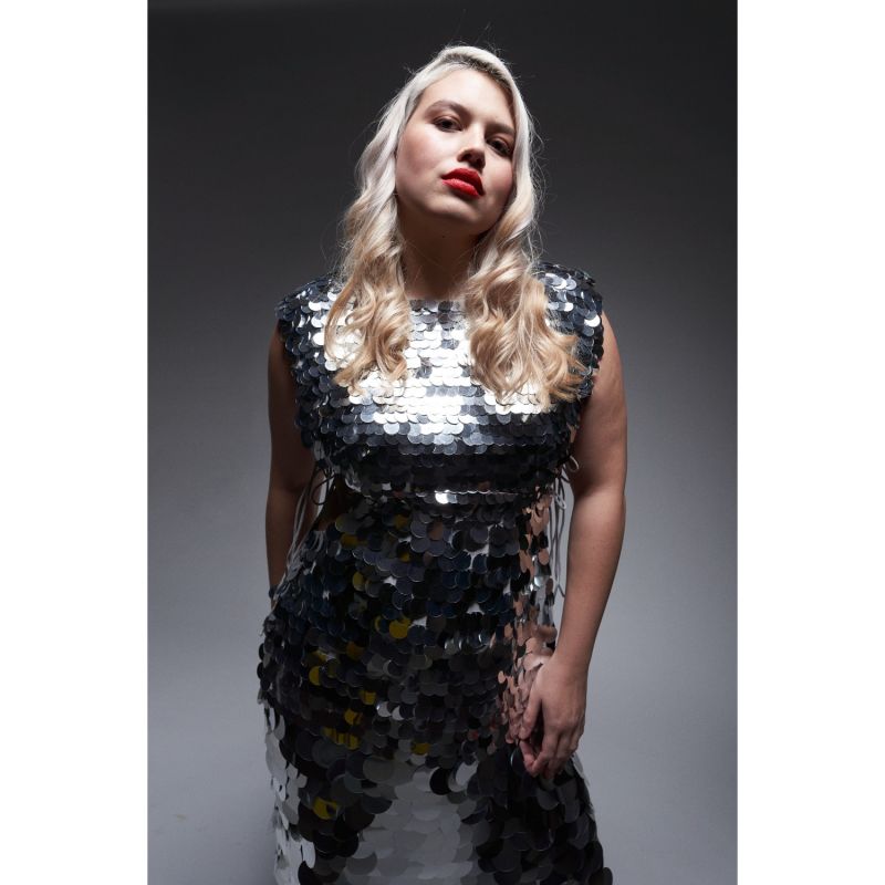 Nova Dress In Silver Disc Sequins | RaeVynn | Wolf & Badger