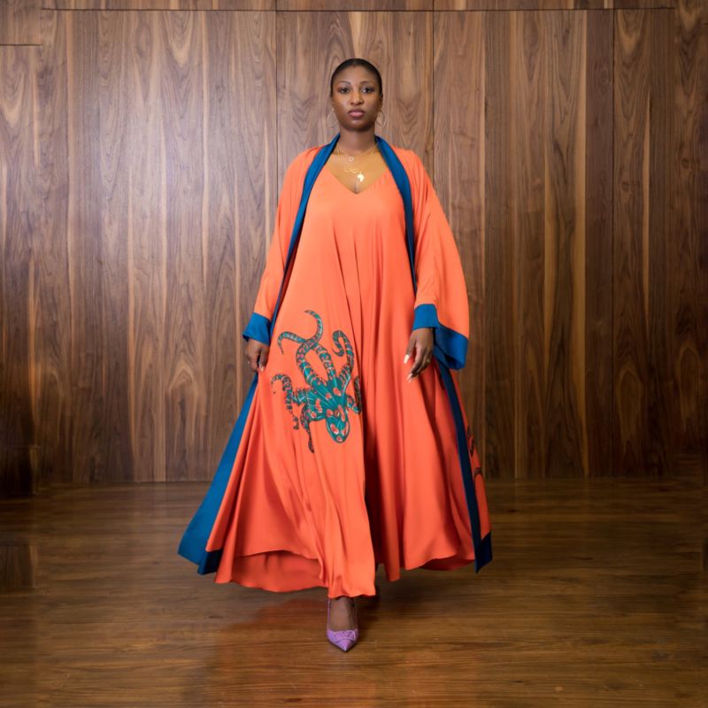 Fire Orange Octopus Print Satin Bias Cut Maxi Dress With Spaghetti ...