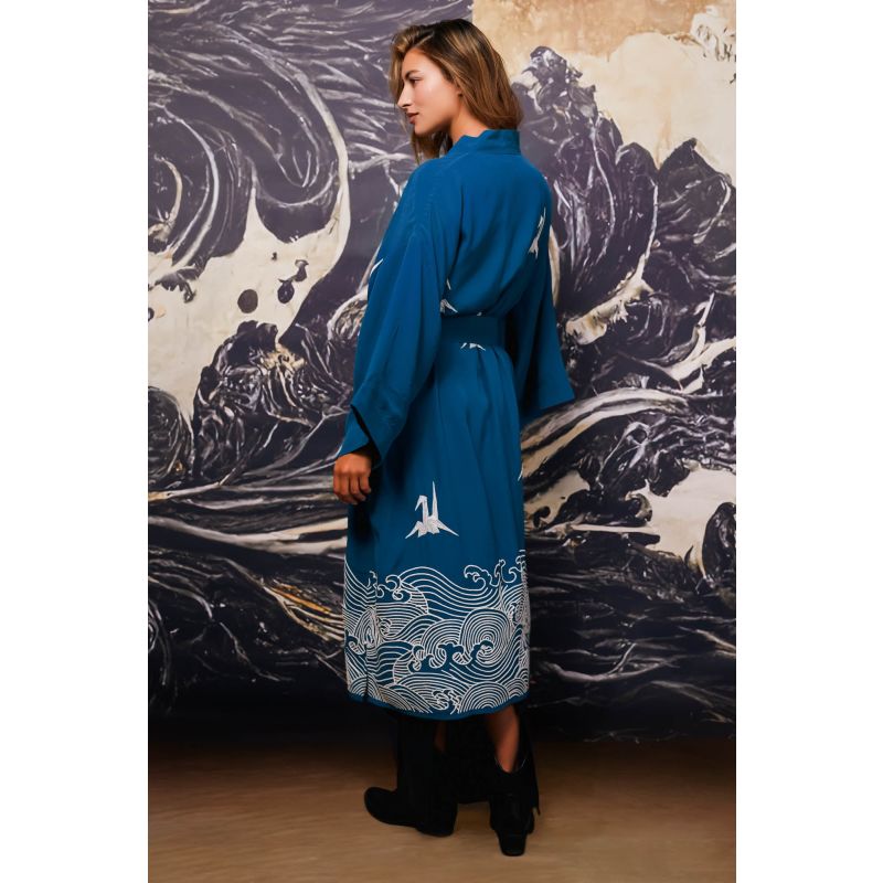 Origami & Hokusai Wave Embroidered Fully Lined Deep Teal Long Kimono ...