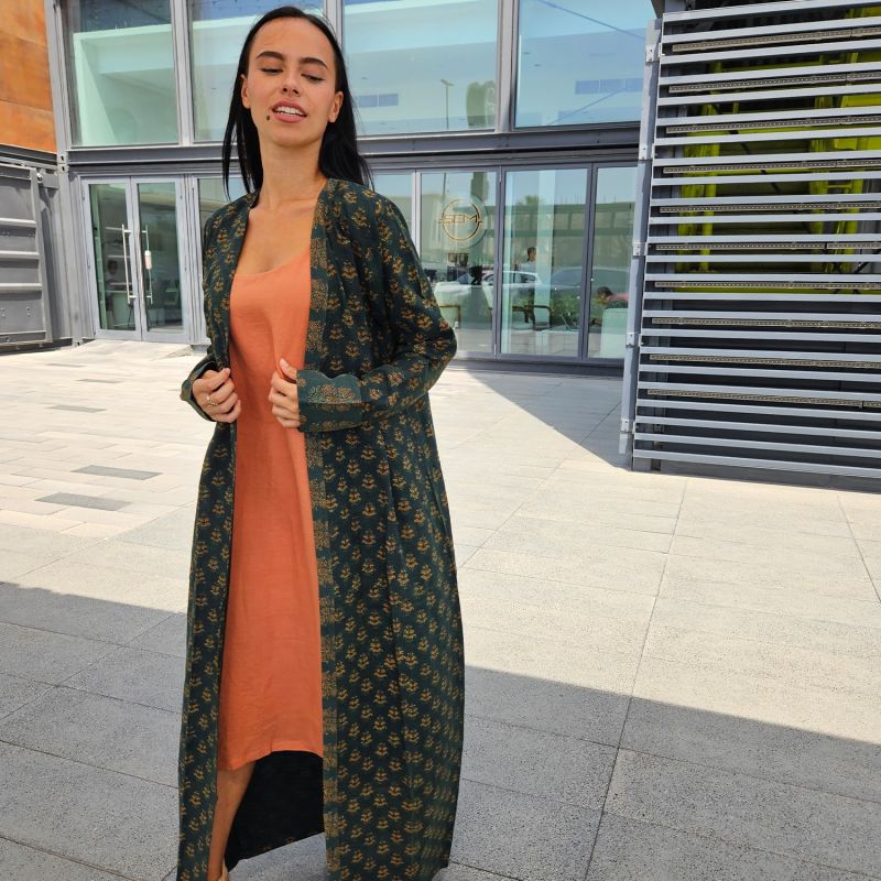 Ajrakh Print Linen Kimono - Green | DHARA SHETH DUBAI | Wolf & Badger