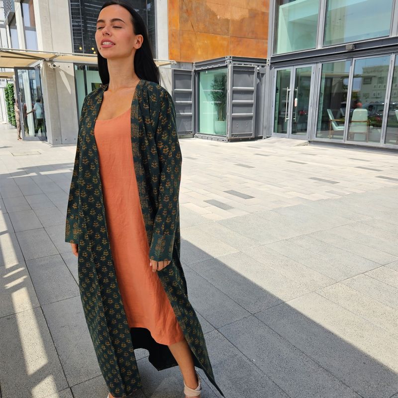 Ajrakh Print Linen Kimono - Green | DHARA SHETH DUBAI | Wolf & Badger