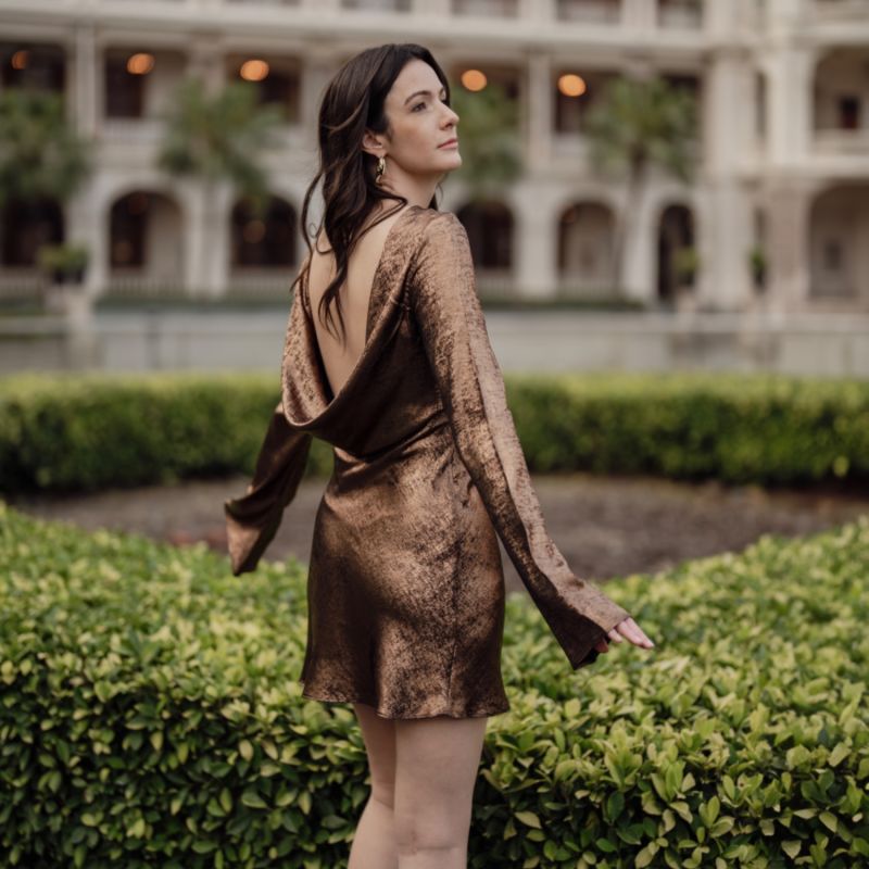 Pia Plunge Cowl Back Bias Mini Dress In Great Gatsby Metallic Gold ...