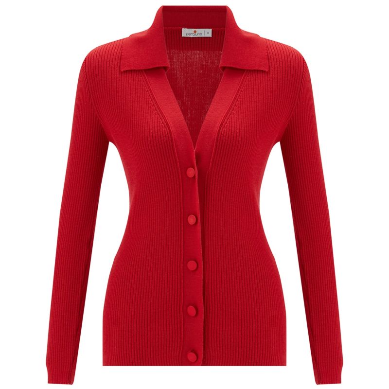 Polo V-Neck Ribbed Knit Cardigan - Red | Peraluna | Wolf & Badger