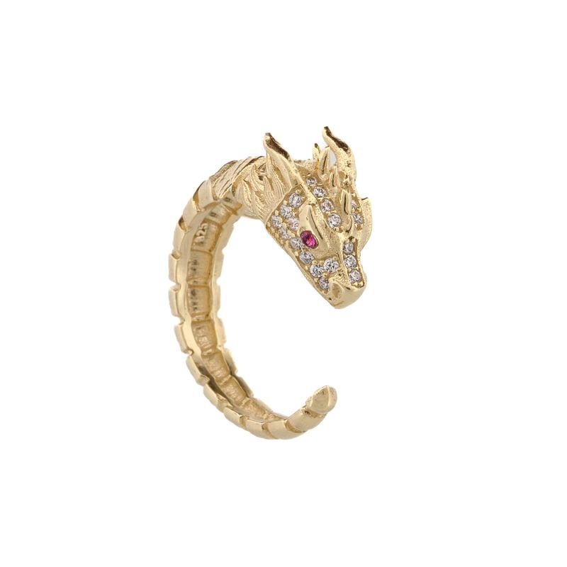 Ruby Eyed Guardian Gold Dragon Design Ring - Gold | Ebru Jewelry | Wolf & Badger